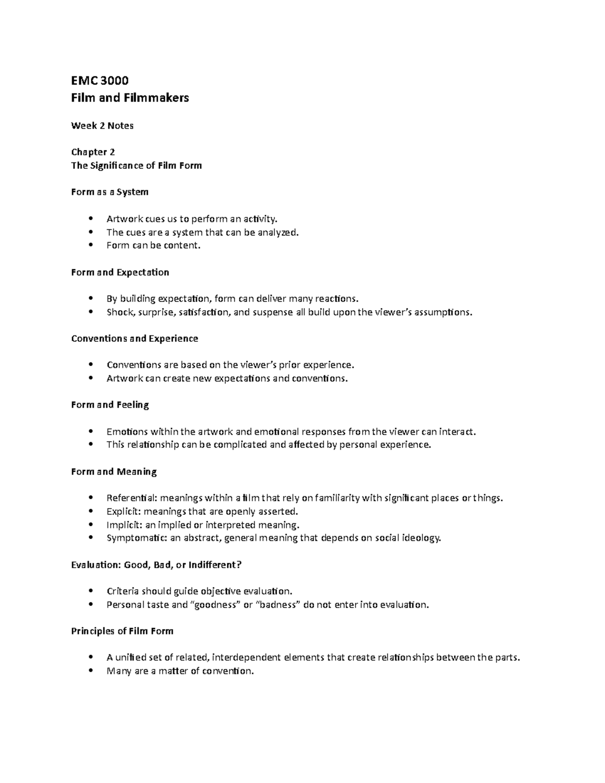 EMC 3000 week 2 - Lecture notes 2 - EMC 3000 Film and Filmmakers Week 2 ...