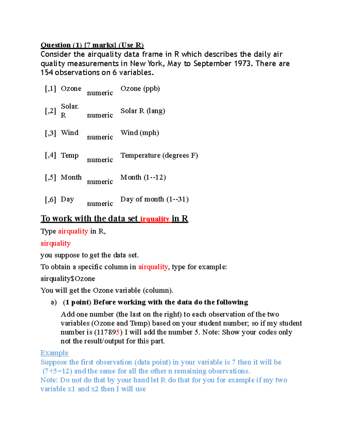 Question 1a Stats Assignment Part 1 Question 1 7 Marks Use R Consider The Airquality