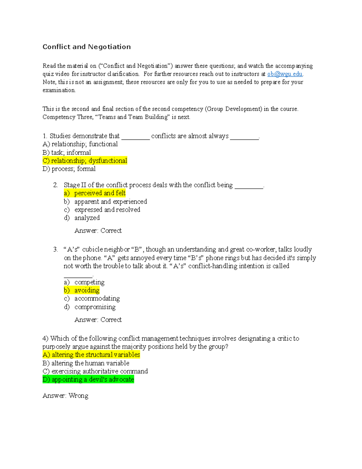 Conflict and negotiation multiple choice questions - Conflict and ...