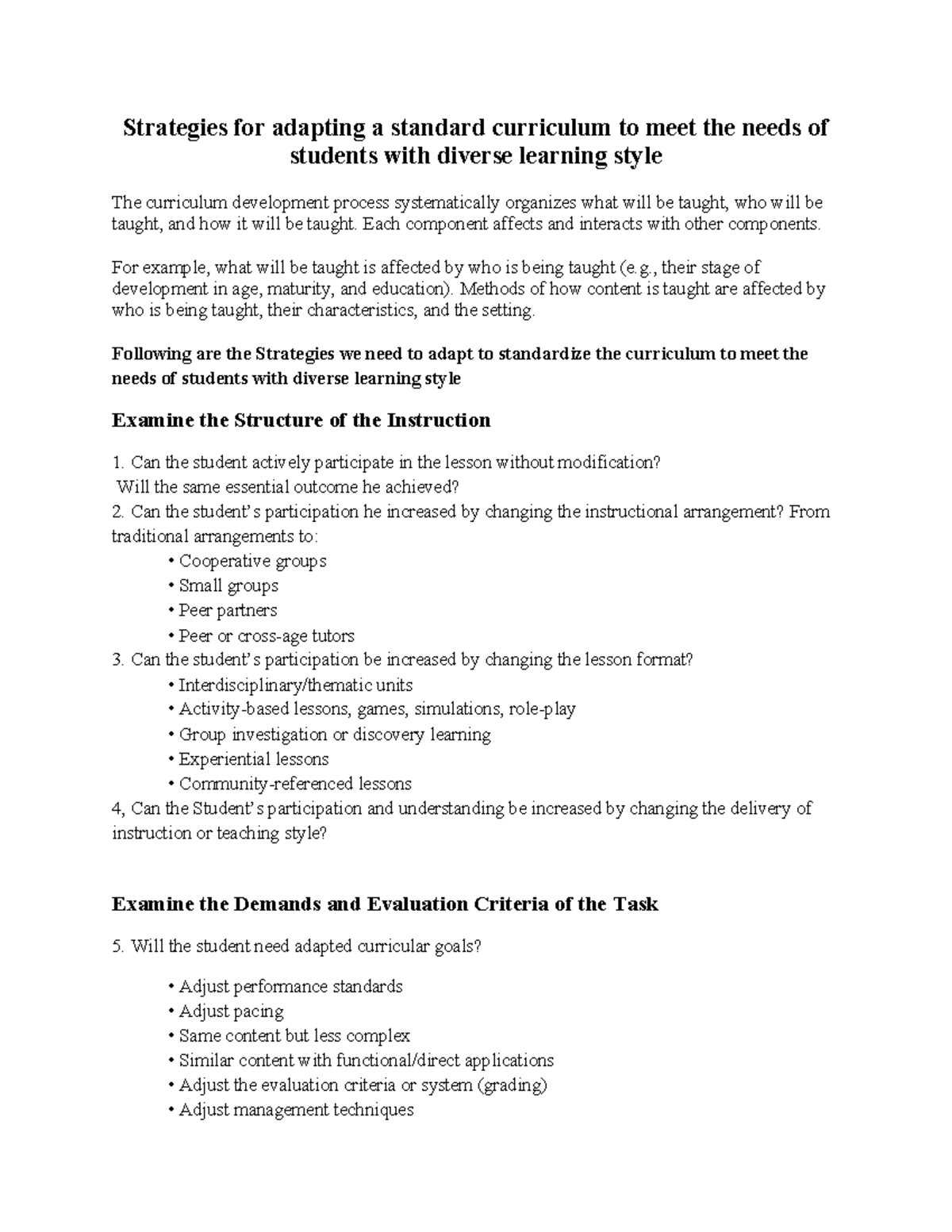 Strategies for adapting a standard curriculum to meet the needs of ...