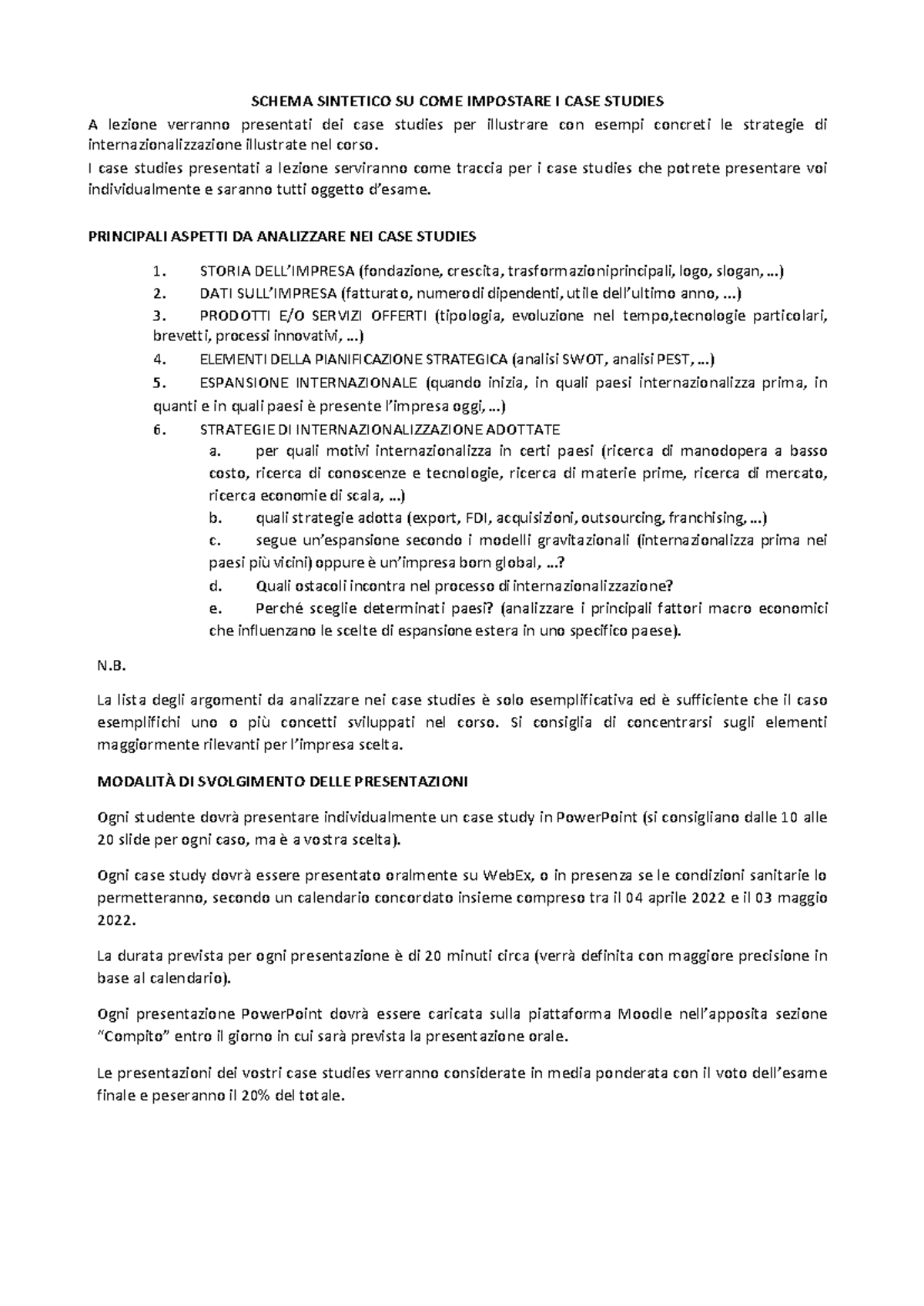 Schema per i case studies - SCHEMA SINTETICO SU COME IMPOSTARE I CASE ...