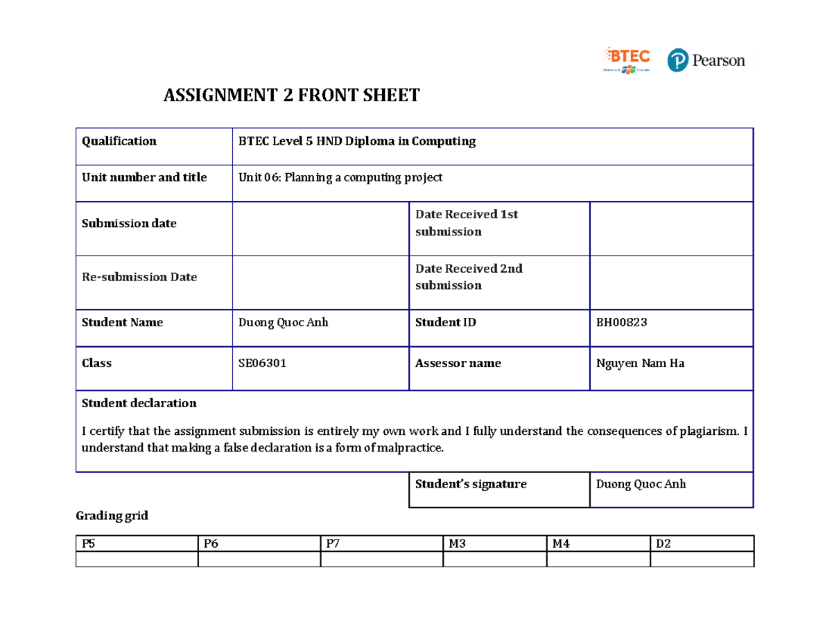 Planning for Computing Project Duong Quoc Anh BH00823 ASM2-1st ...