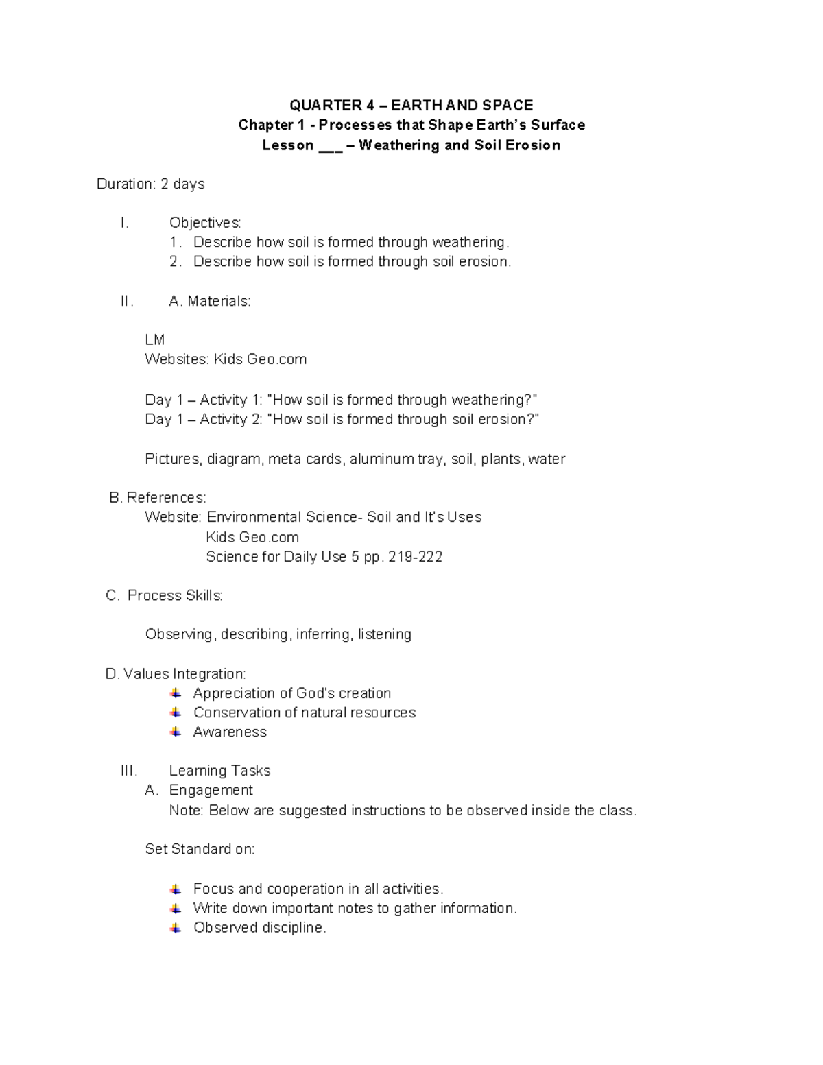 LESSON PLAN SCIENCE - QUARTER 4 – EARTH AND SPACE Chapter 1 - Processes ...