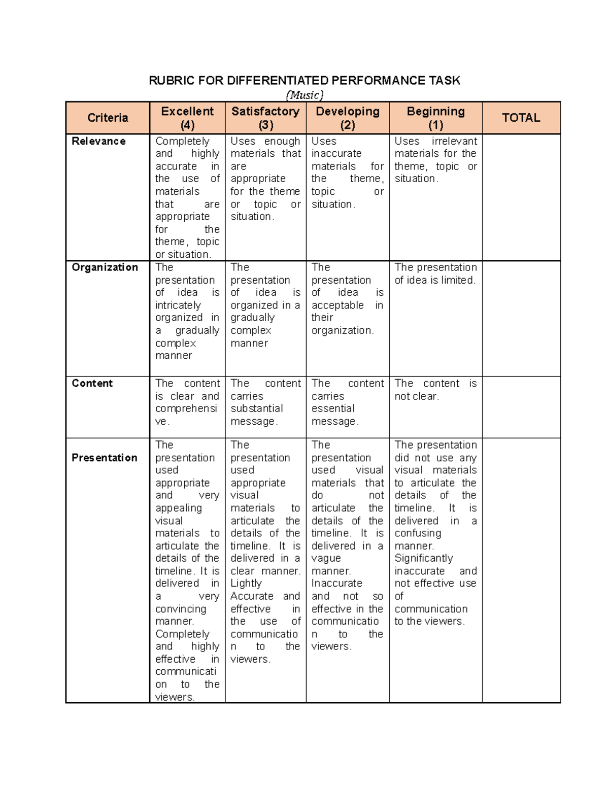 Rubric for integrative performance task - RUBRIC FOR DIFFERENTIATED ...