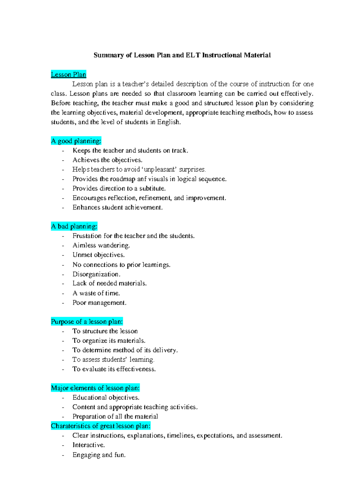 Summary LMED - Summary of Lesson Plan and ELT Instructional Material ...