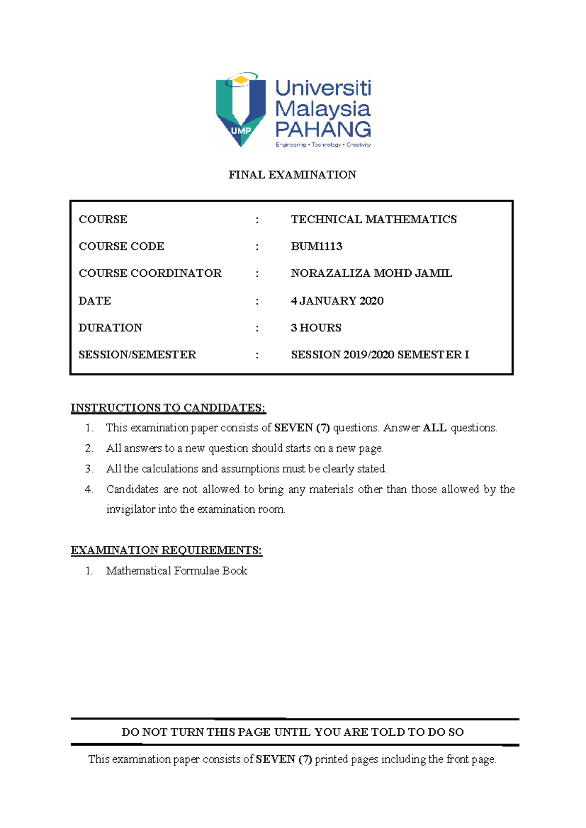 Final Exam Question Paper 4 jan 2020 - DO NOT TURN THIS PAGE UNTIL YOU ...
