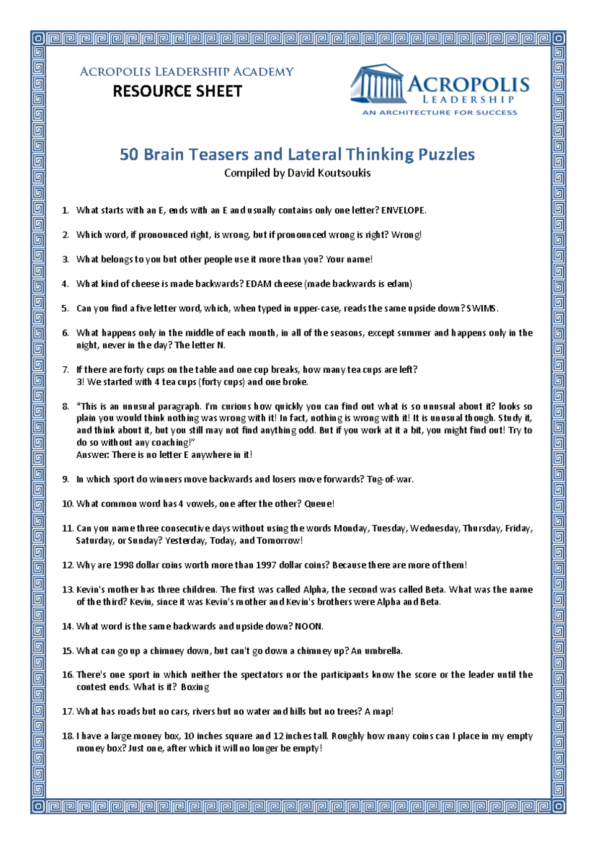 50 Brain Teasers and Lateral Thinking Puzzles - Acropolis Leadership ...