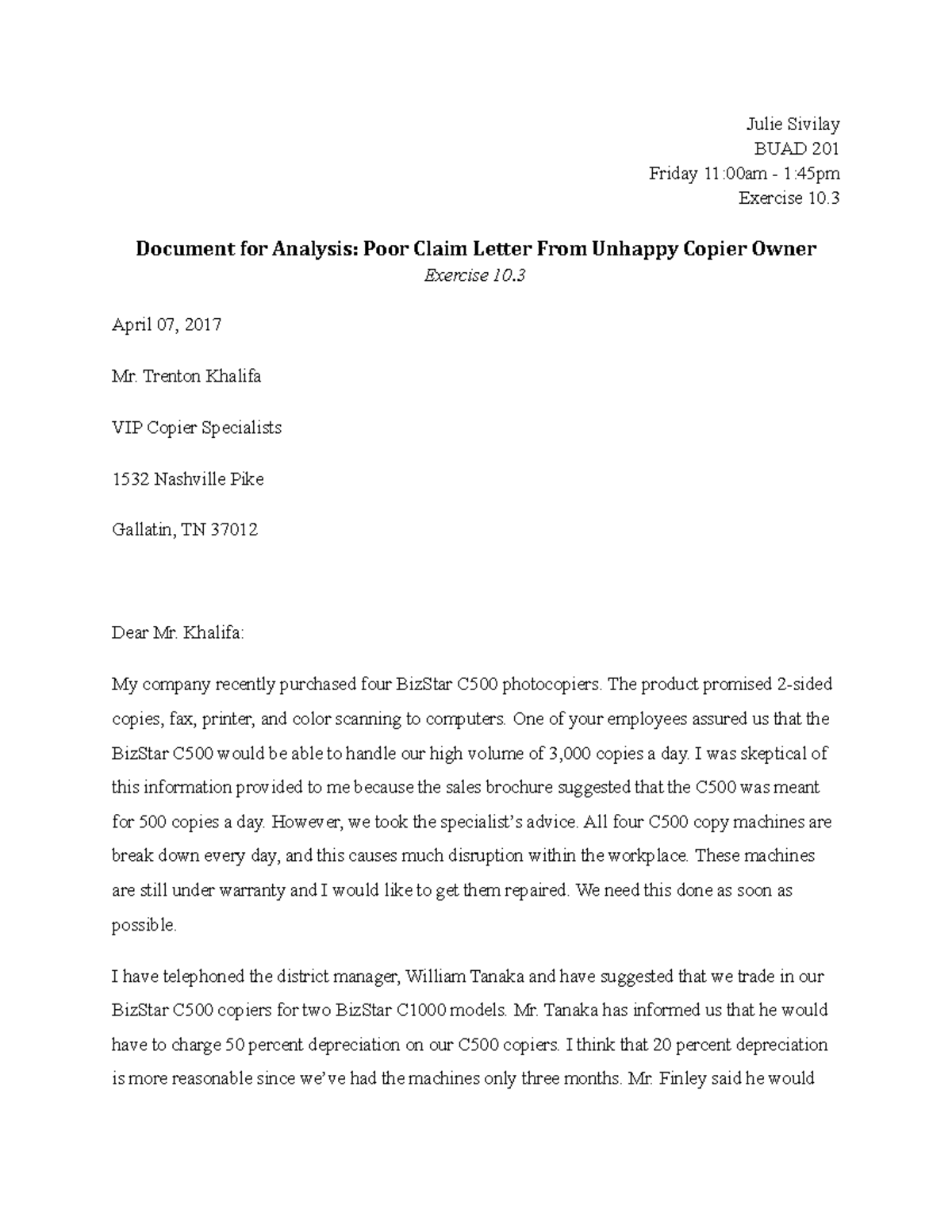 BUAD 201 Wk 11 Hmwk Exc 10 - Julie Sivilay BUAD 201 Friday 11:00am - 1 ...