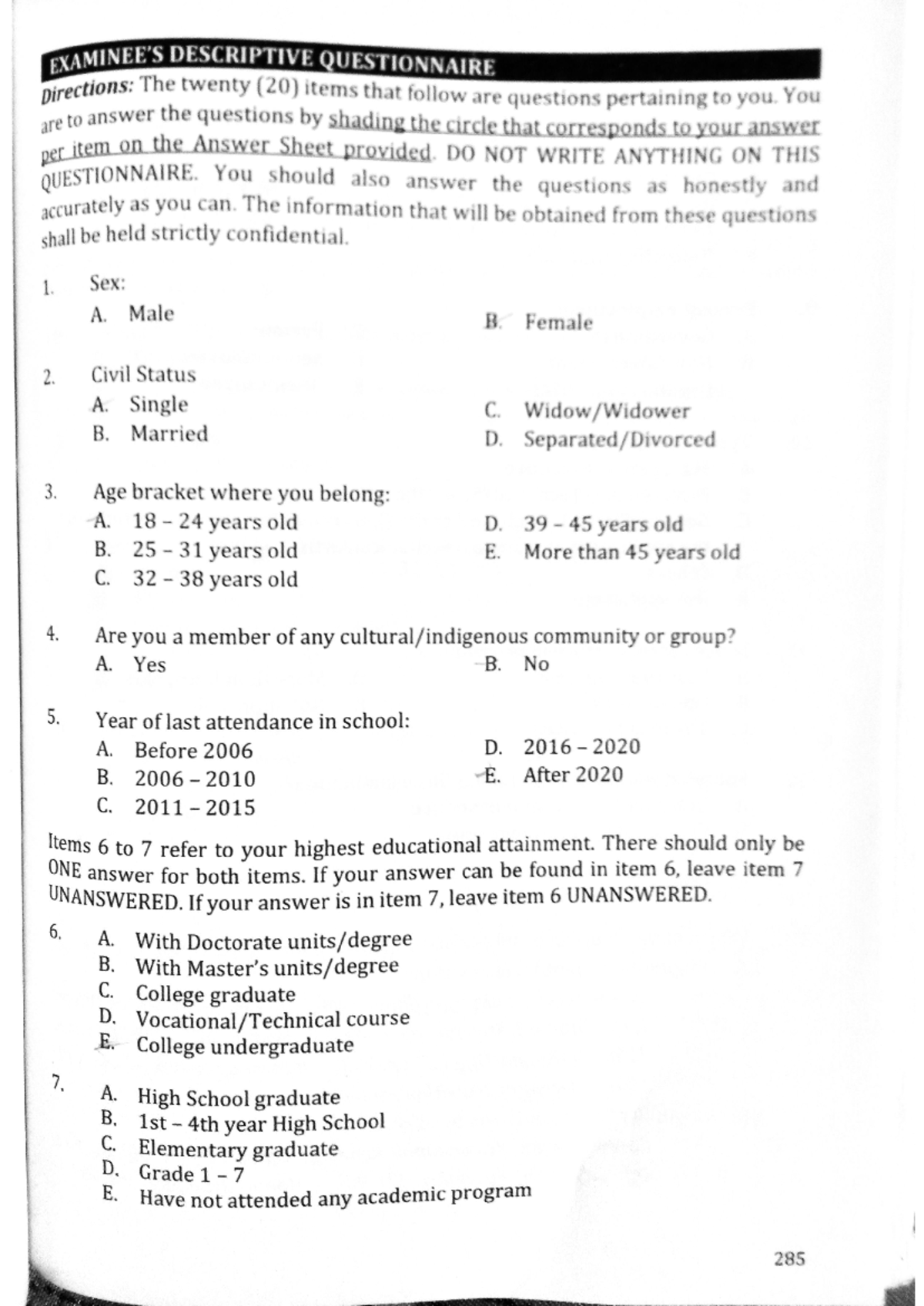 Practice TEST A ND A Nswers - DESCRIPTIVE QUESTIONNAIRE Directions: The ...