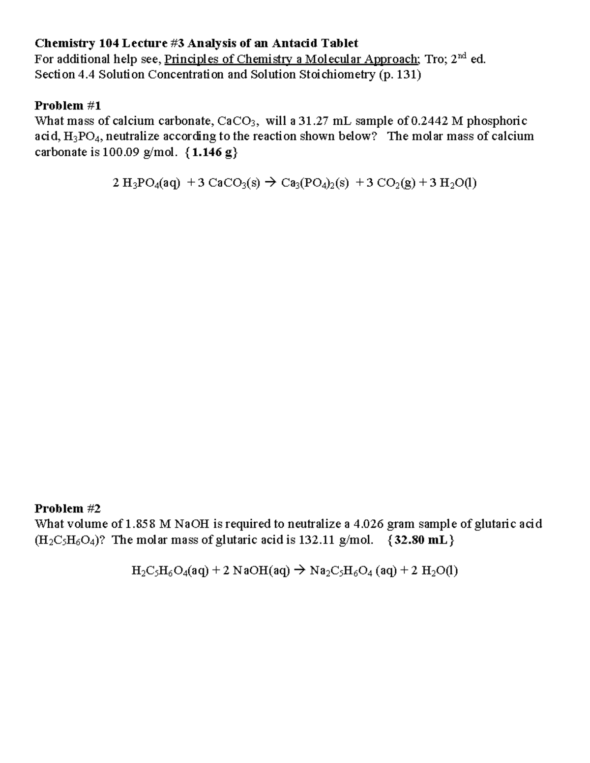 Lecture 3 Antacid - Notes - Chemistry 104 Lecture #3 Analysis of an ...