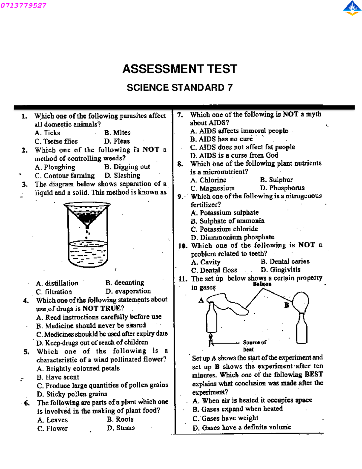 STD 7 Science-1 - notes - ASSESSMENT TEST ####### SCIENCE STANDARD 7 ...