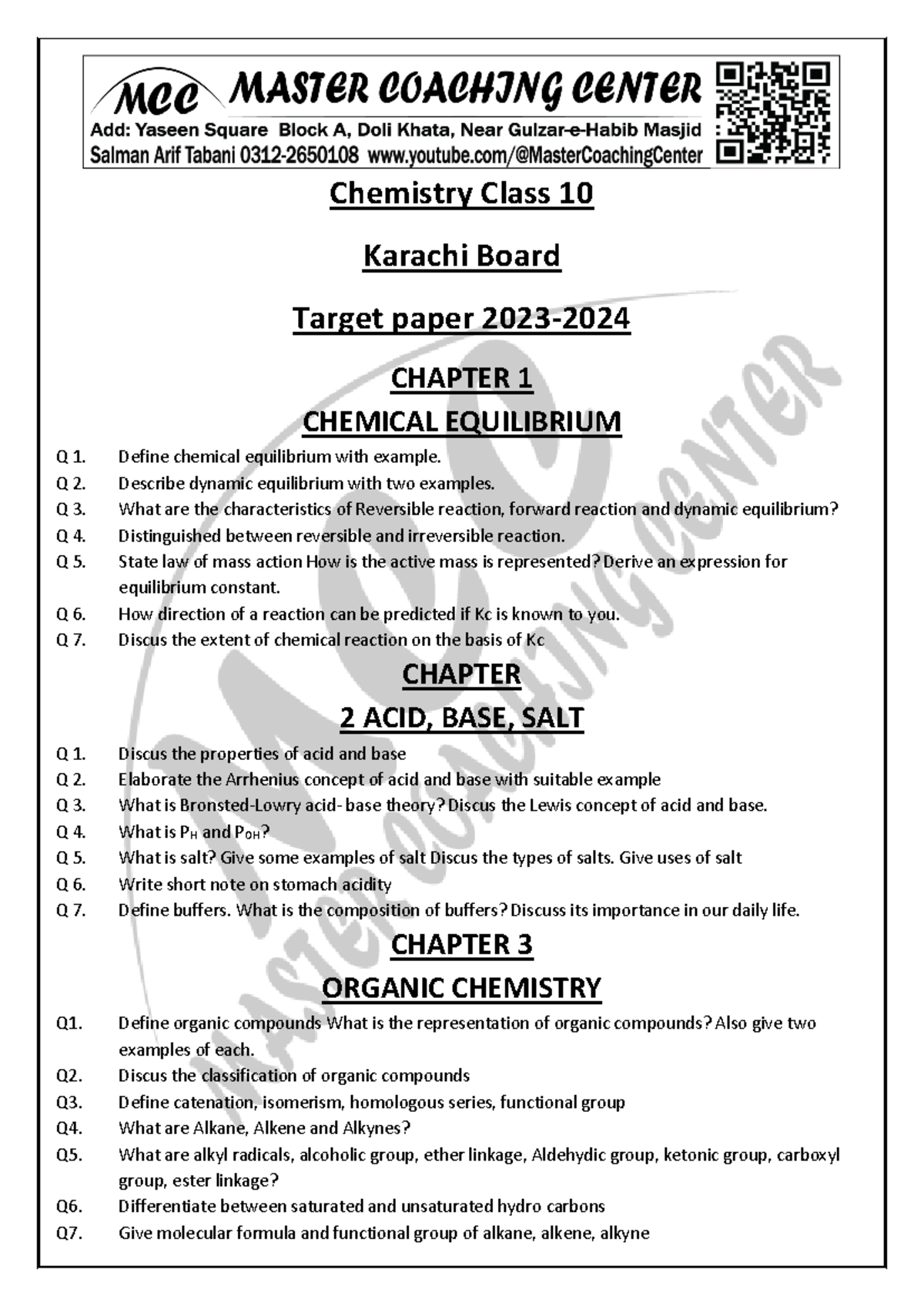 Chem 10 - notes - Chemistry Class 10 Karachi Board Target paper 2023 ...