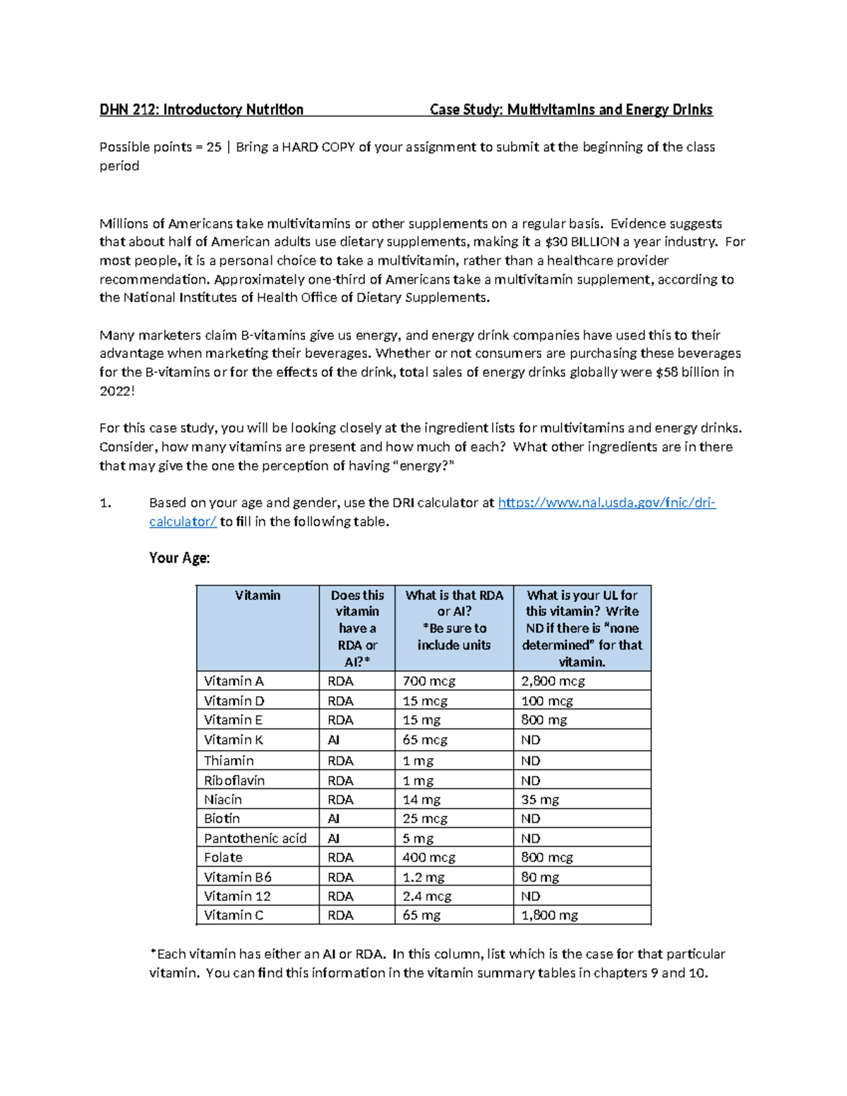 Nutrition Case study 2 - DHN 212: Introductory Nutrition Case Study: Multivitamins and Energy ...