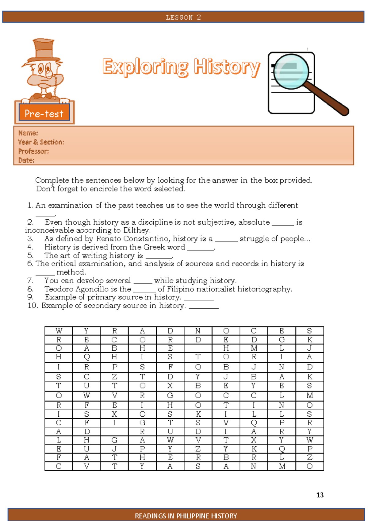 2 Sources of History -Mr. Ellery - 13 Complete the sentences below by ...