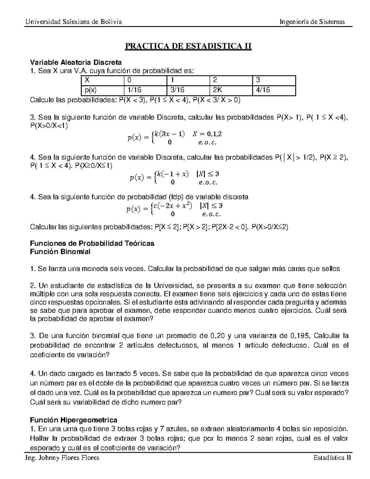 Practica Variable aleatoria DE Estadistica II Salesiana - PRACTICA DE ESTADISTICA II Variable ...