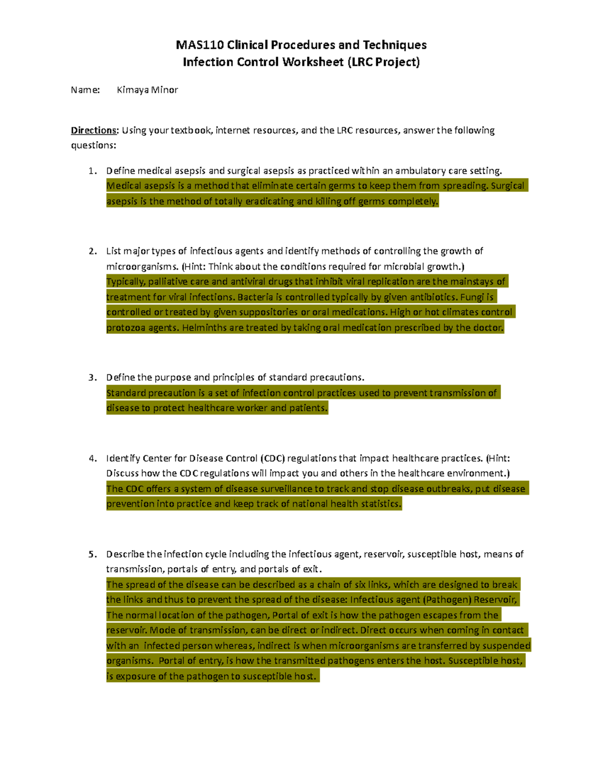 MAS110 Week 1 Infection Control Worksheet - MAS110 Clinical Procedures ...