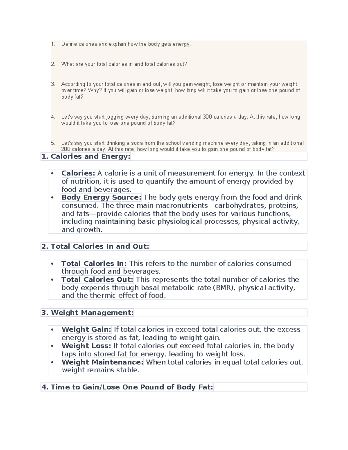 Define calories and explain how the body gets energy - 1. Define ...