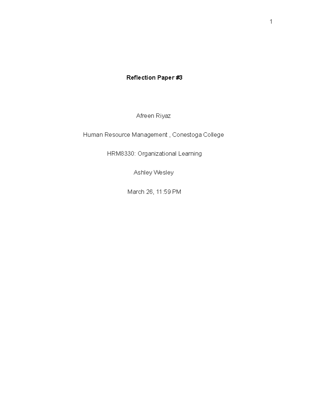 HRM8330- Refection Paper 3 - Reflection Paper # Afreen Riyaz Human ...