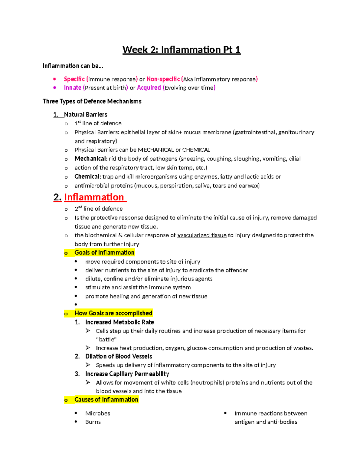 Inflammation Pt 1 - notes duh - Week 2: Inflammation Pt 1 Inflammation ...