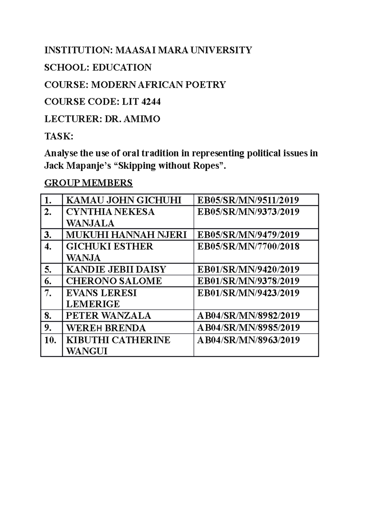 Group 7 assignment-1 - INSTITUTION: MAASAI MARA UNIVERSITY SCHOOL: EDUCATION COURSE: MODERN ...