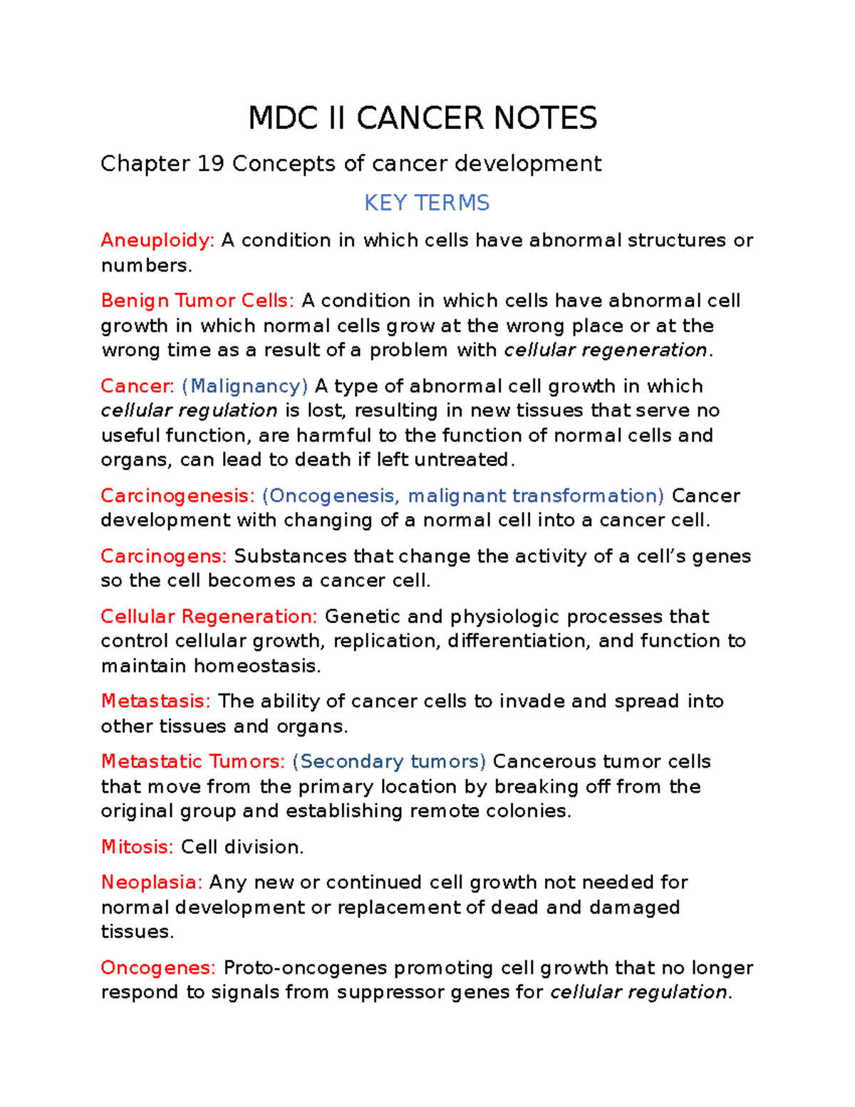 MDC II Cancer Notes - MDC II CANCER NOTES Chapter 19 Concepts of cancer ...