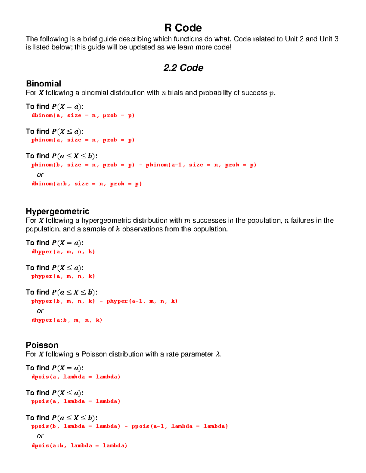 R Code Cheat Sheet [Updated for Unit 3] - R Code The following is a ...