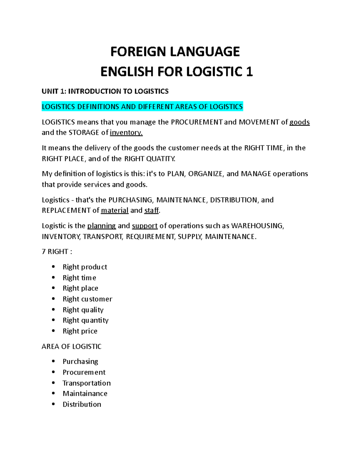 Foreign Language (tổng ôn tập) - FOREIGN LANGUAGE ENGLISH FOR LOGISTIC 1 UNIT 1: INTRODUCTION TO ...