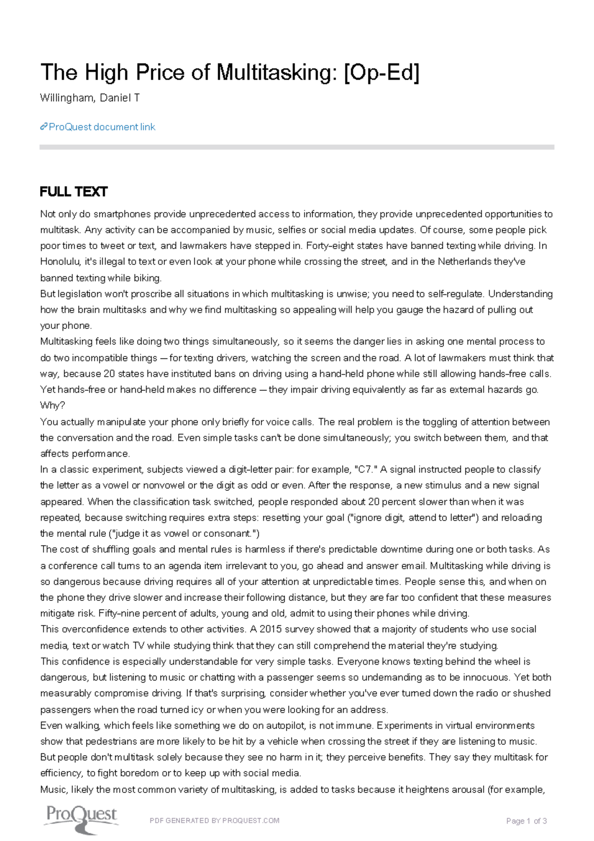 Pro Quest Documents 2023 03 20 - The High Price of Multitasking: [Op-Ed ...