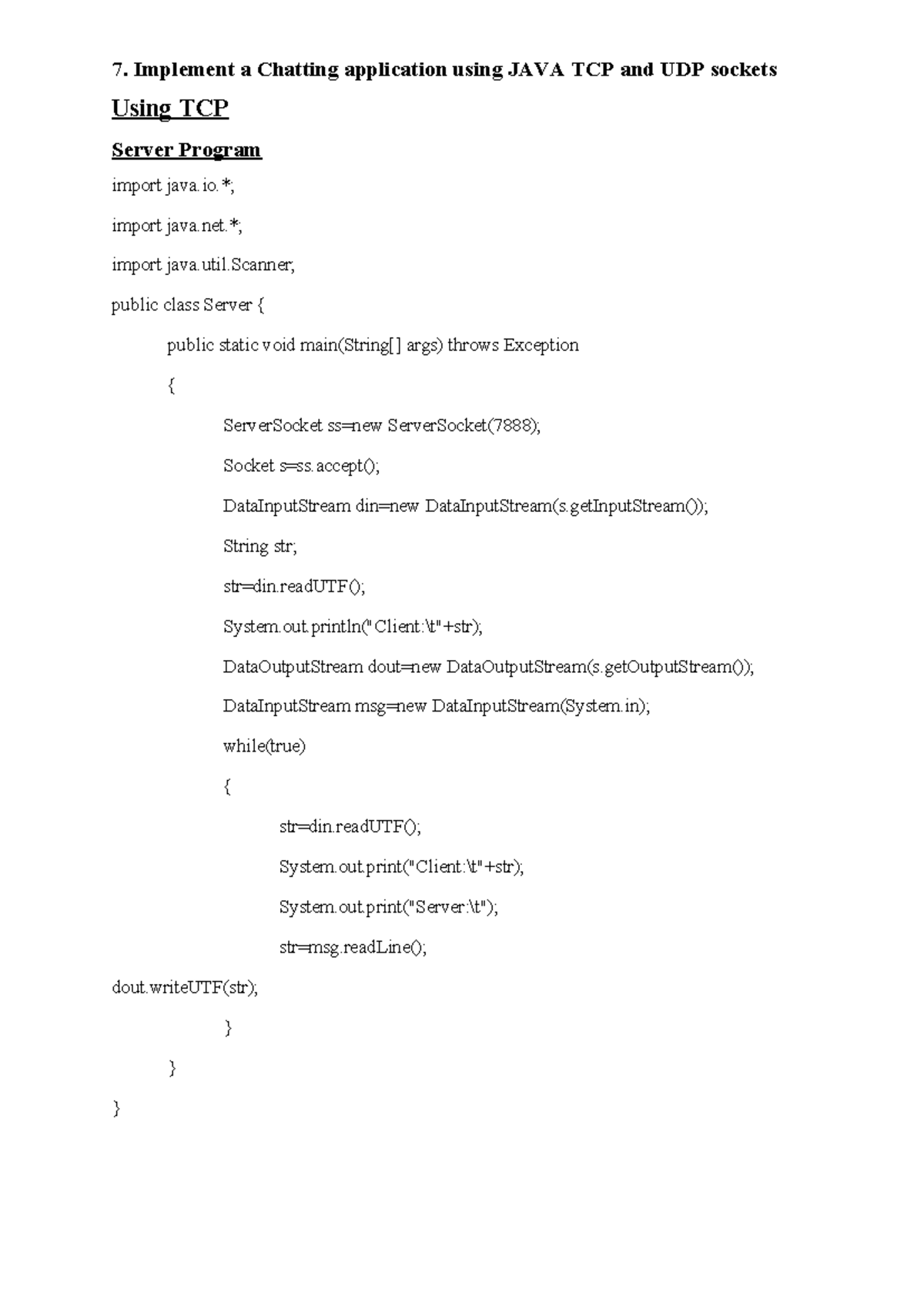 CN EXP-7 - JHGXCSH - 7. Implement a Chatting application using JAVA TCP and UDP sockets Using ...
