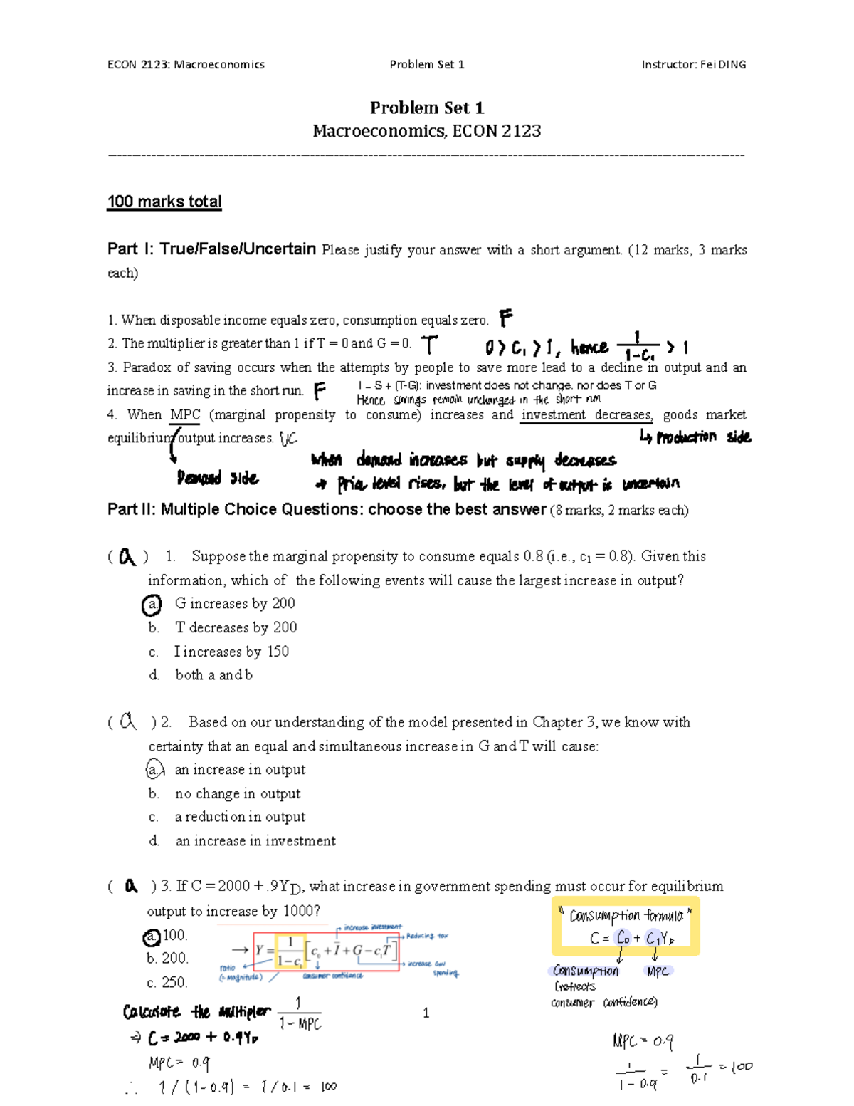 Econ2123 Problem Set 1 Econ 2123 Macroeconomics Problem Set 1 Instructor Fei Ding 1