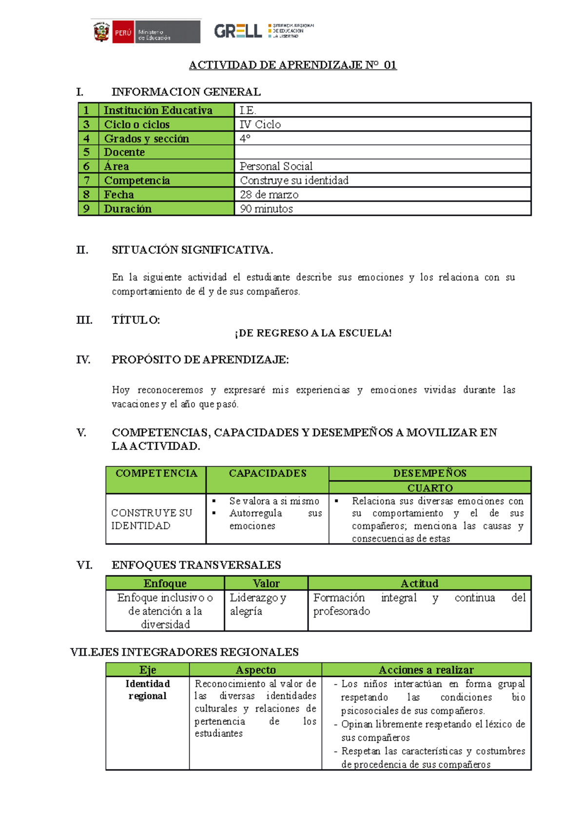 Actividad DE Regreso A LA Escuela - ACTIVIDAD DE APRENDIZAJE N° 01 I ...