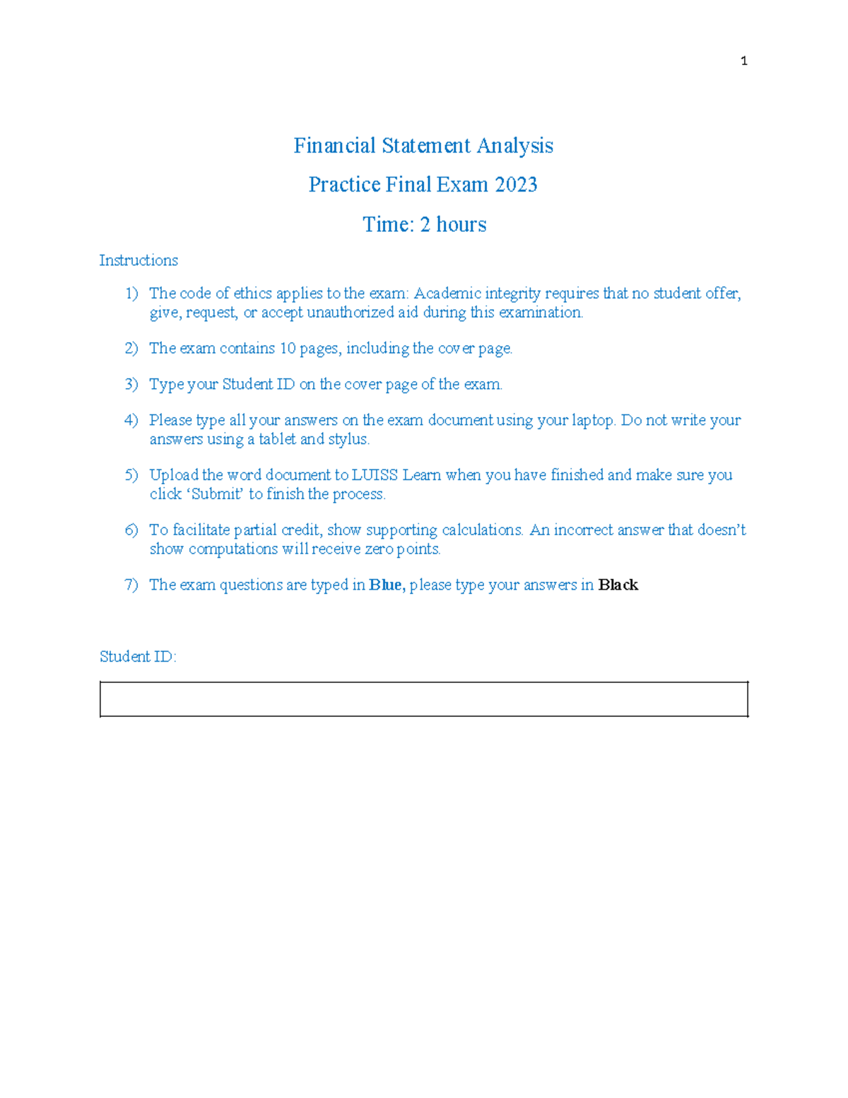 Practice Final Exam FSA - Financial Statement Analysis Practice Final ...