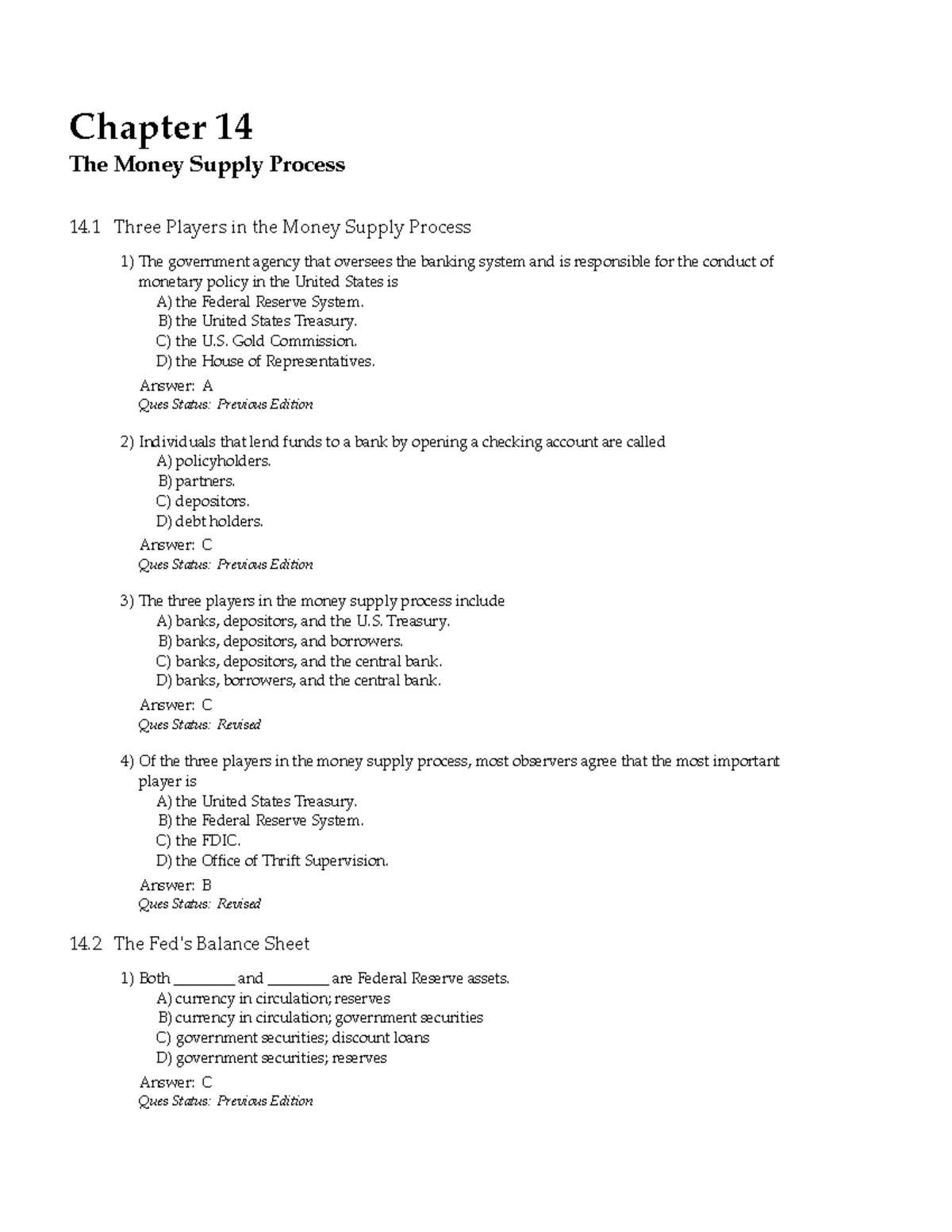 MCQs Chapter 14 - The money supply process - Chapter 14 The Money ...