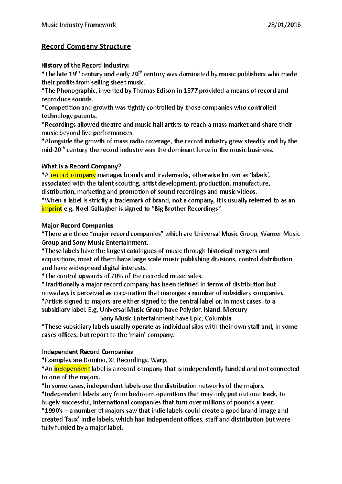 Record Company Structure - Music Industry Framework 28/01/2016 Record ...