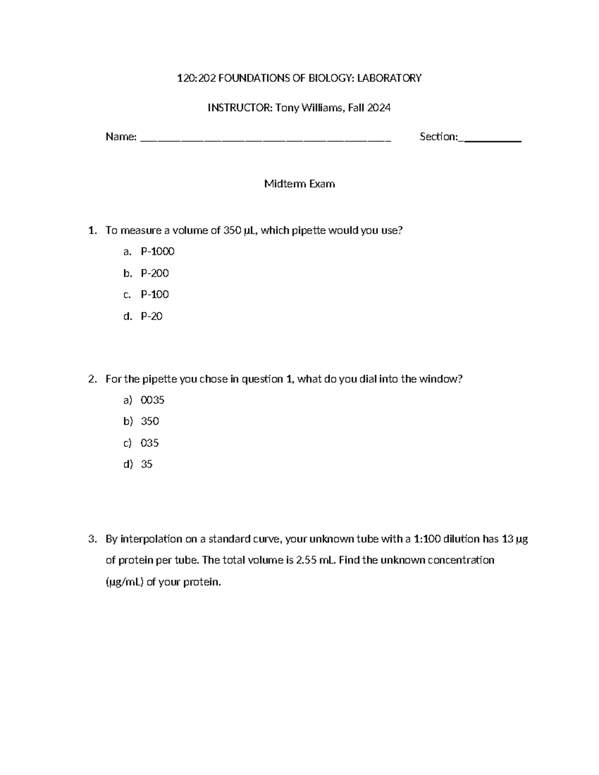 Foundations Lab Midterm Exam 1 - 120:202 FOUNDATIONS OF BIOLOGY ...