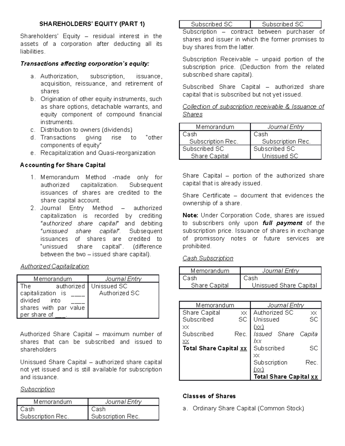 Intermediate Accounting- Shareholders' Equity Lecture Notes - BSA - Studocu
