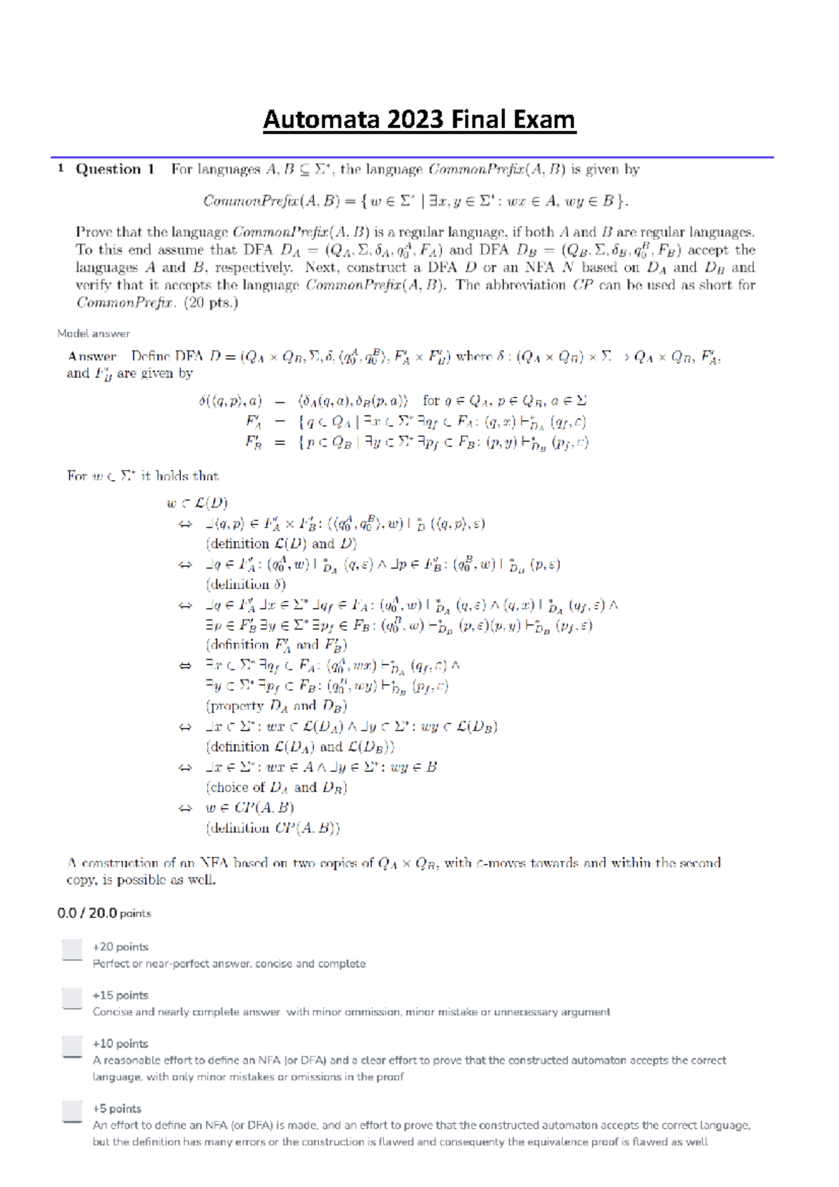 Automata 2023 Final Exam - Automata 2023 Final Exam - Studeersnel