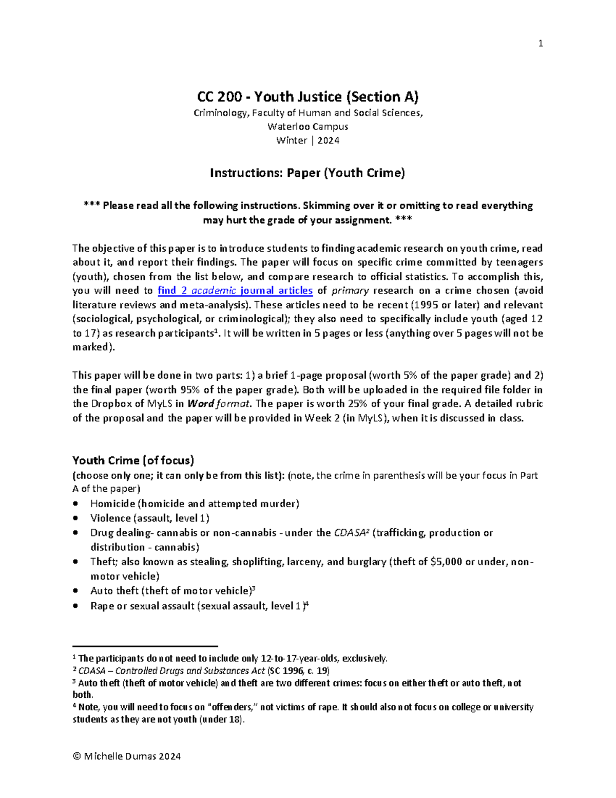 CC 200-A Crime Paper Instructions W24 - CC 200 - Youth Justice (Section ...