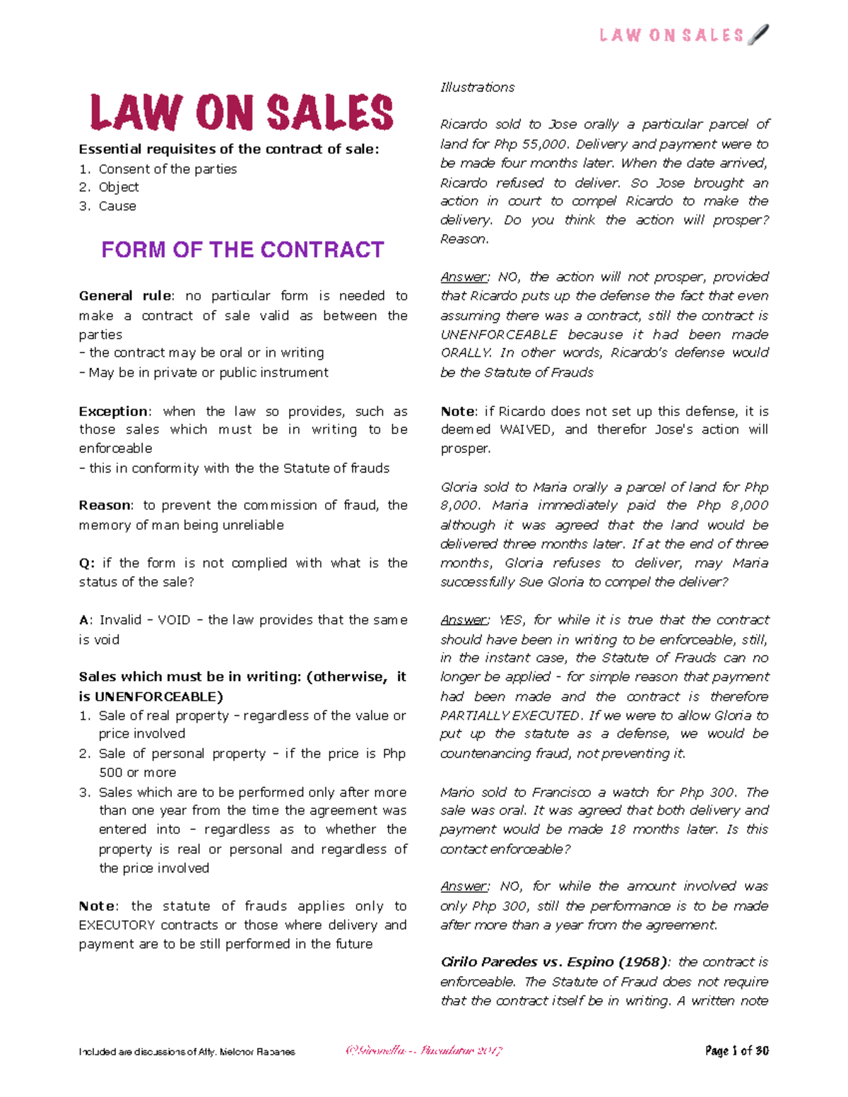 Sales Rabanes Reviewer 2017 - LAW ON SALES Essential requisites of the ...