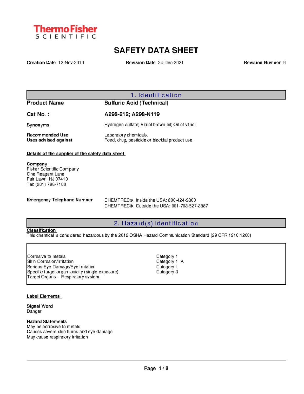 Sulfuric acid technical fisher chemical - SAFETY DATA SHEET Creation ...
