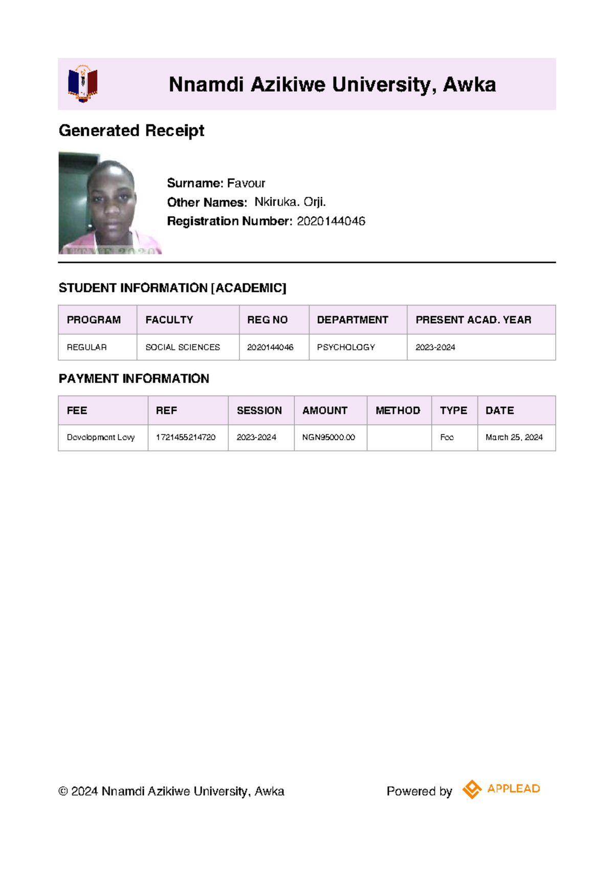 Development Levy FEE Receipt 2023-2024 - Nnamdi Azikiwe University ...