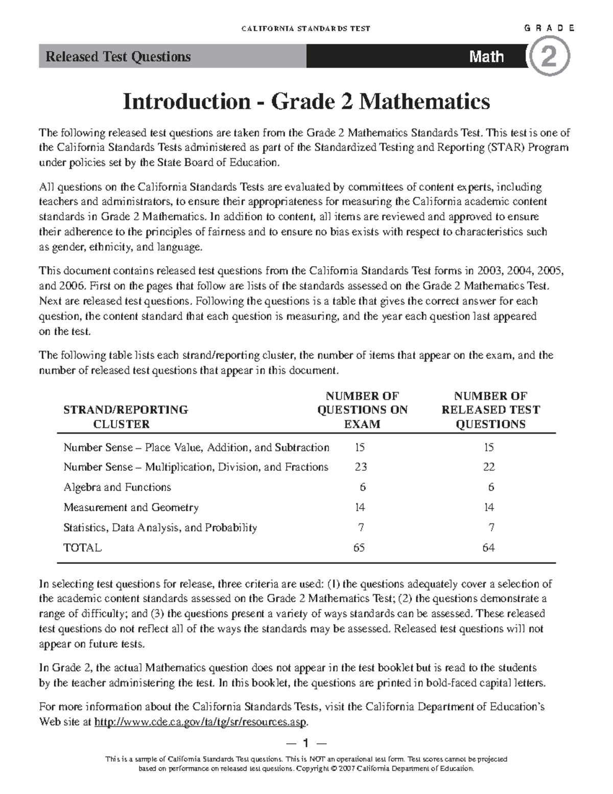Assessment math grade 2 california - CA L I F O R N I A S TA N DA R D S ...