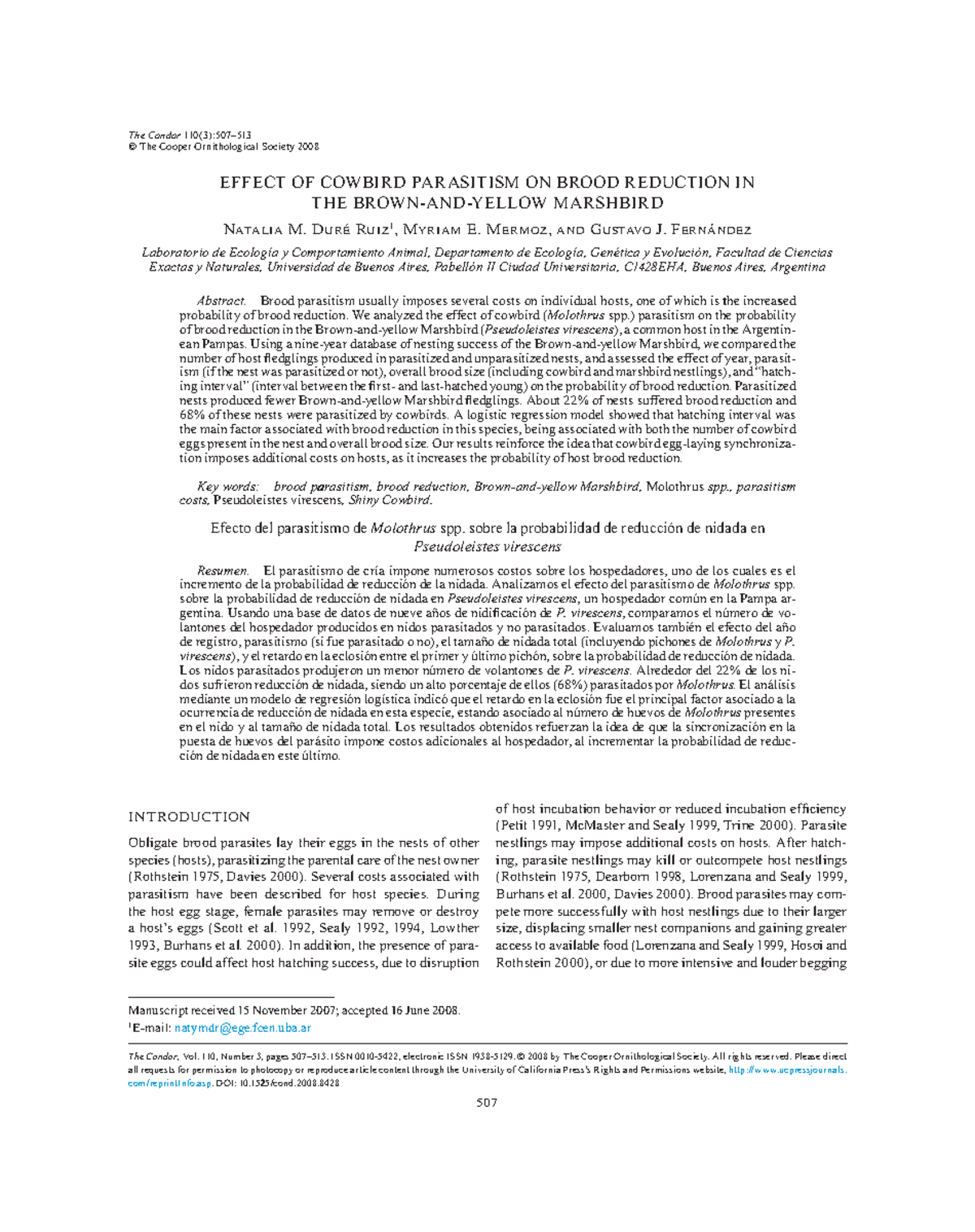Effect of Cowbird parasitism on brood reduction in the Brown-and-yellow ...