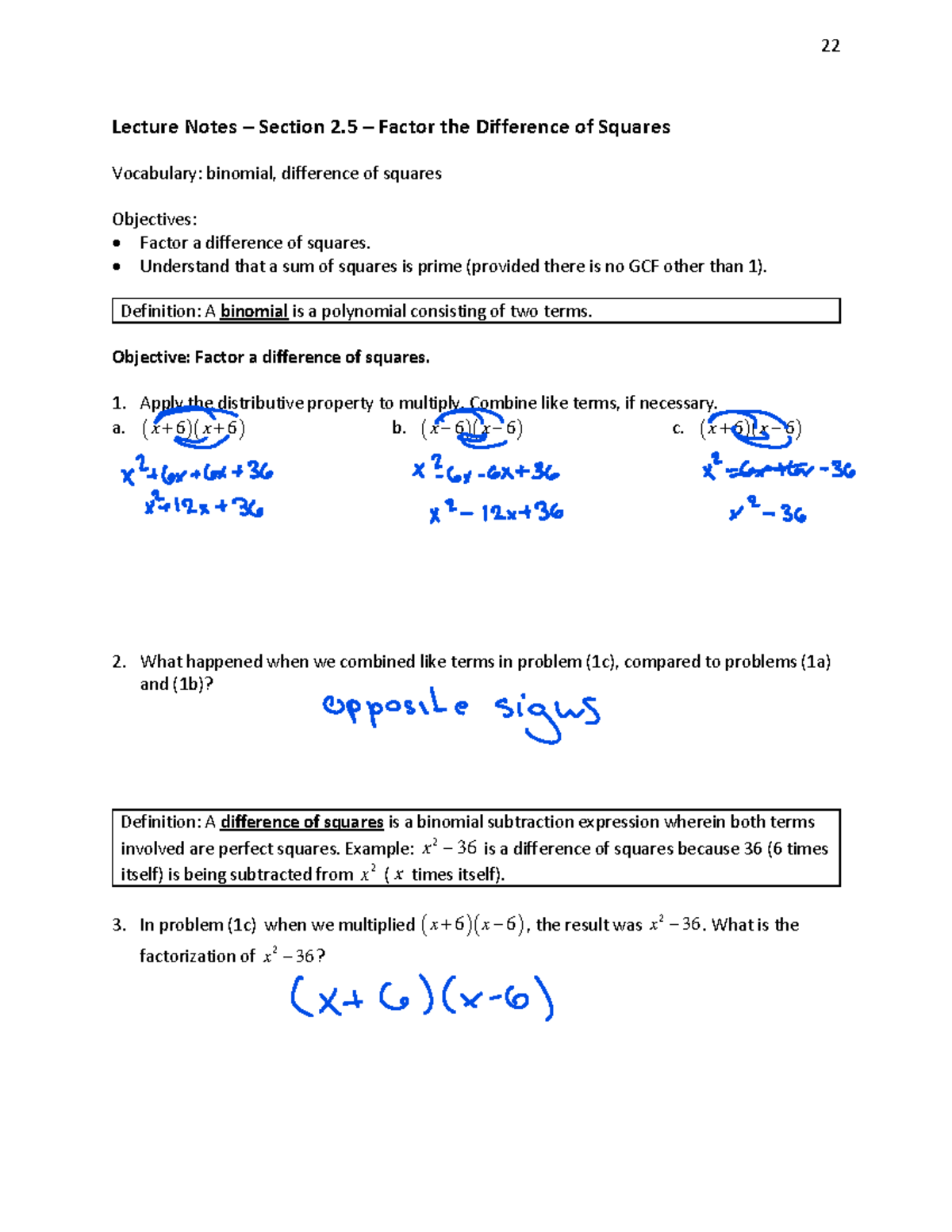 M1105C 2.5 LN Factor the Difference of Squares W PG NUMS - Lecture ...
