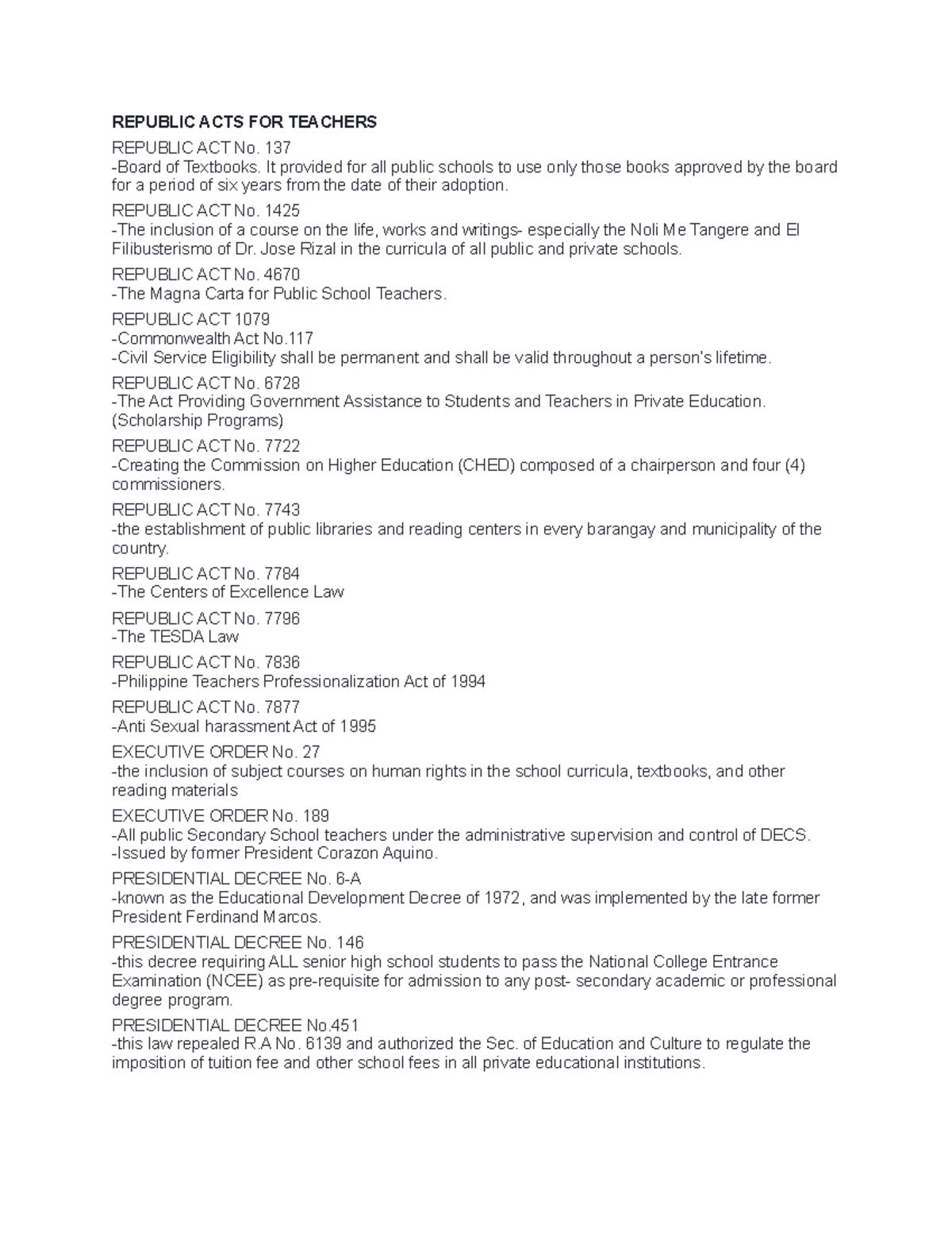 Republic ACTS FOR Teachers - REPUBLIC ACTS FOR TEACHERS REPUBLIC ACT No ...
