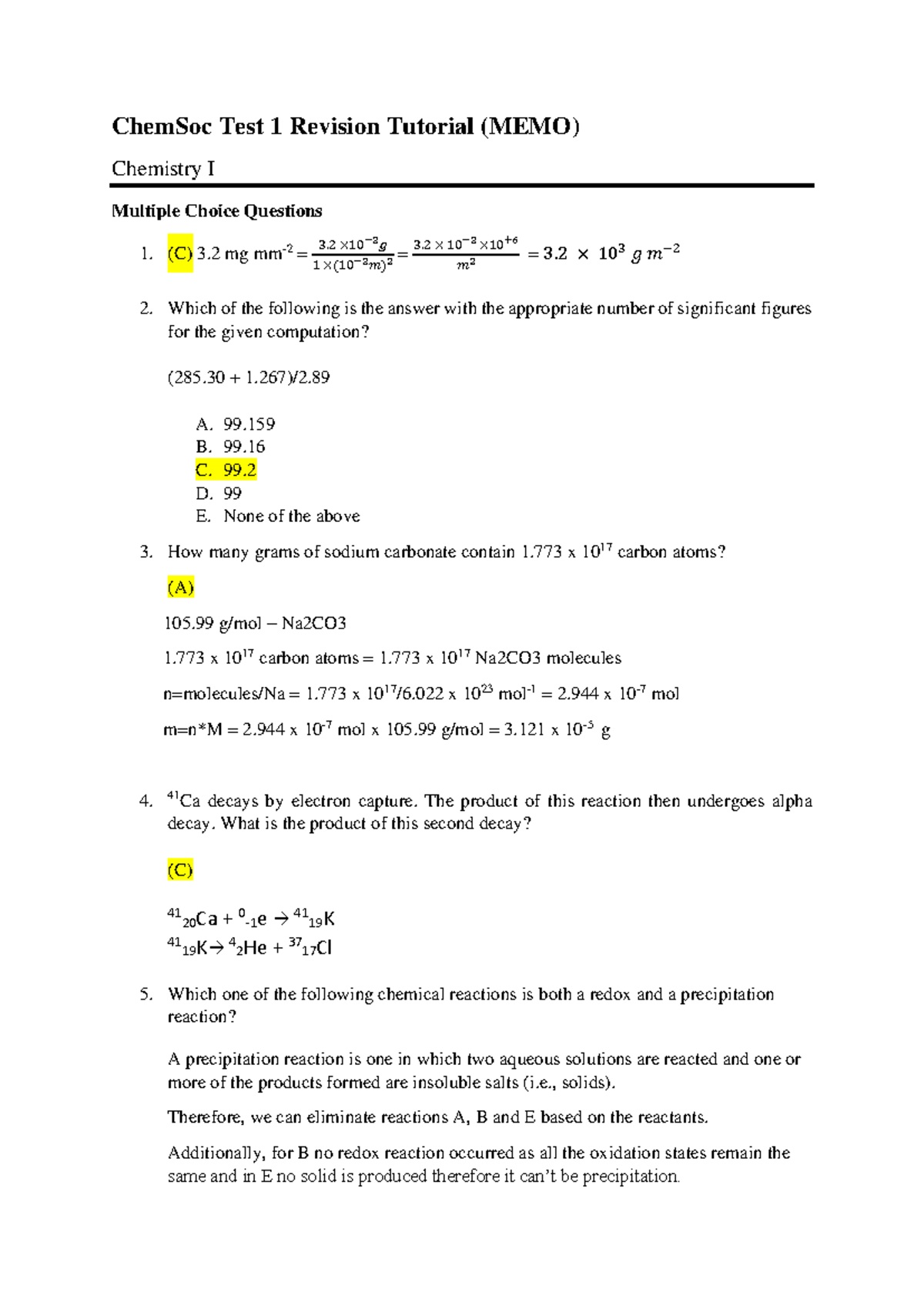 Chem Soc Test 1 Revision Tutorial 1012 2022 (MEMO) (1) - ChemSoc Test 1 ...