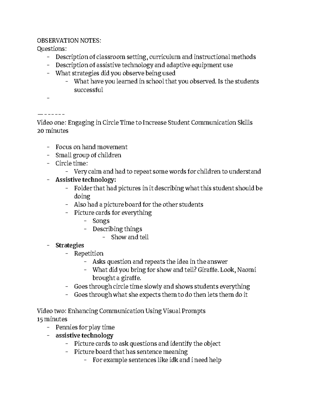 Observation Notes - Standard - OBSERVATION NOTES: Questions ...