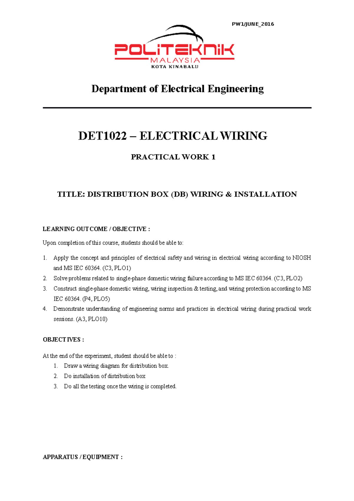 DET1022 Electrical Wiring Title Distribu - PW1/JUNE_ Department of Electrical Engineering ...