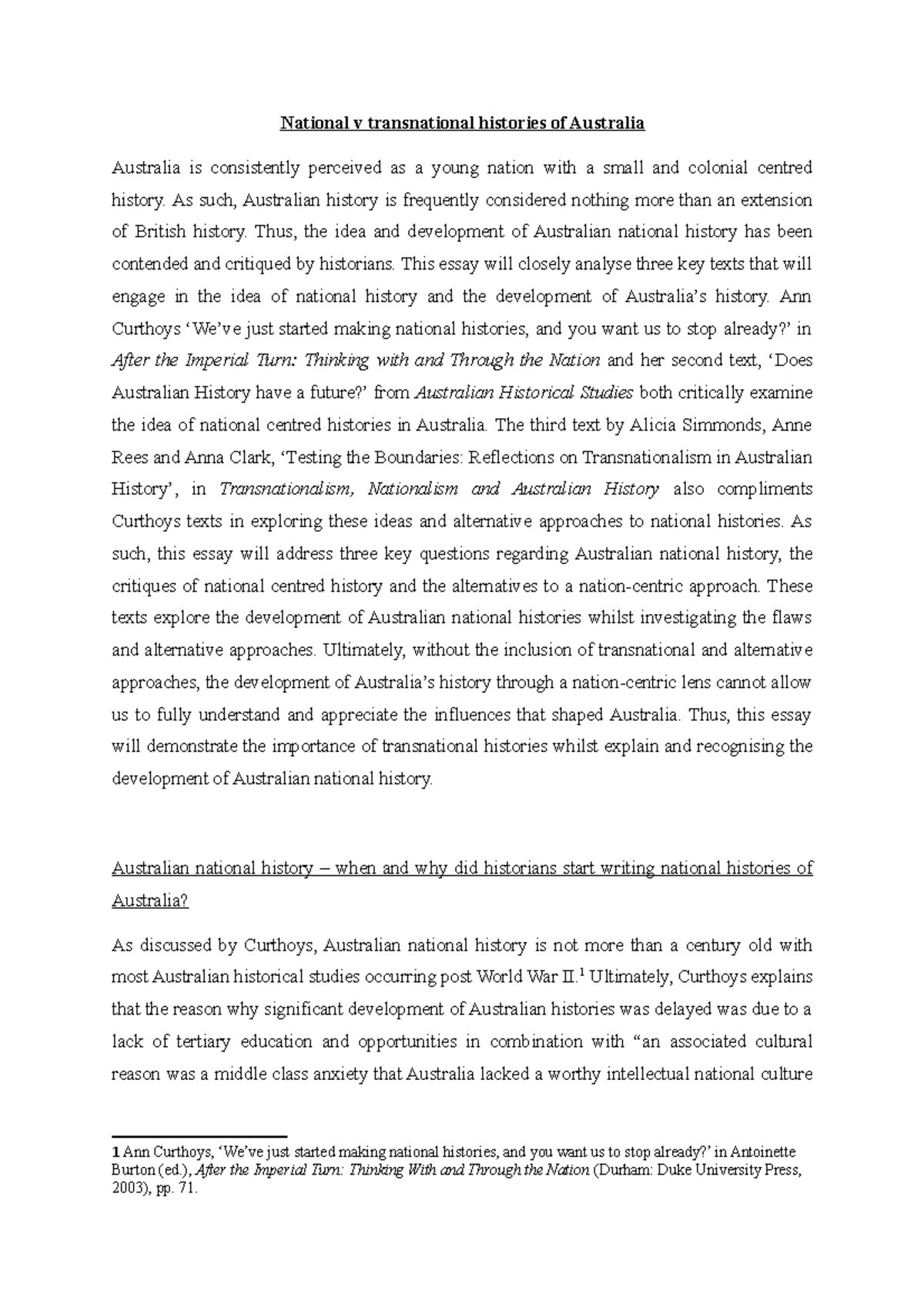 Review Essay Assessment 1 - National v transnational histories of ...