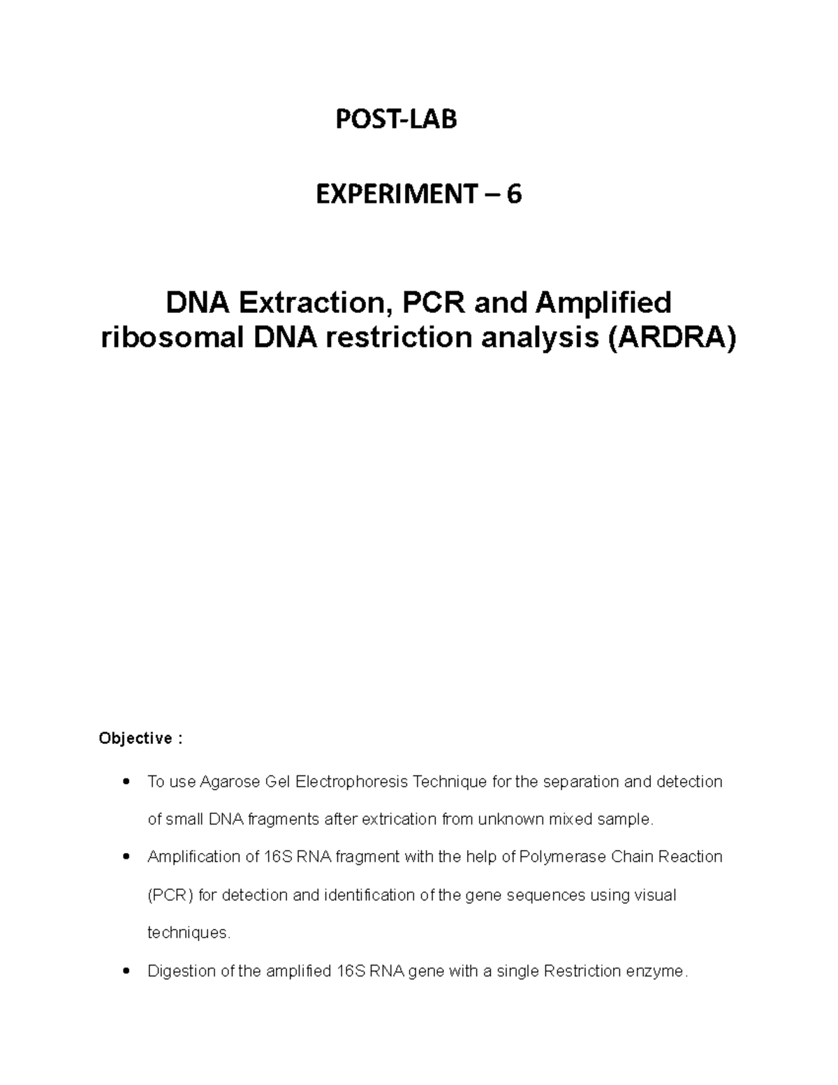 Microbial genatics post lab 6 hero - POST-LAB EXPERIMENT – 6 DNA Extraction, PCR and Amplified ...